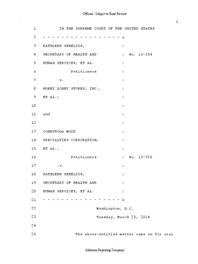 Hobby Lobby Transcript | PDF | Free Exercise Clause | Statutory ...