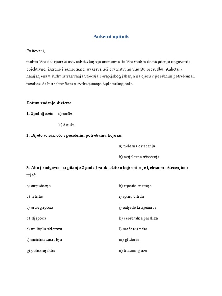 Anketa Za Roditelje | PDF