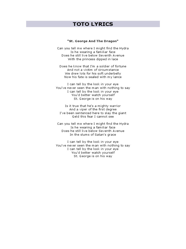 Toto Lyrics: "St. George and The Dragon" | PDF | Leisure ...