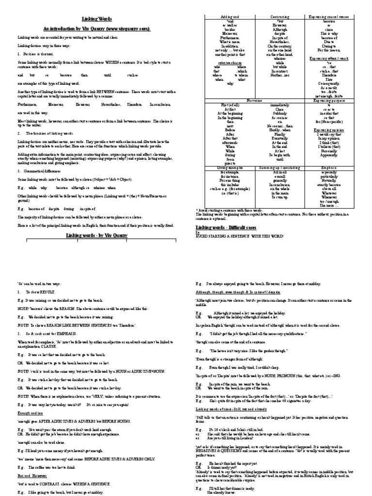 Linking Words by Viv Quarry | PDF | Verb | Sentence (Linguistics)