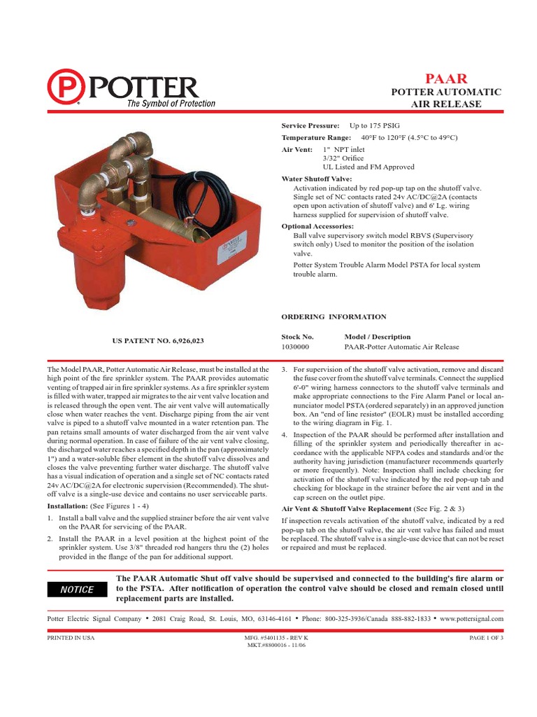 Potter - Purgador de Aire PAAR | PDF | Fire Sprinkler System | Valve