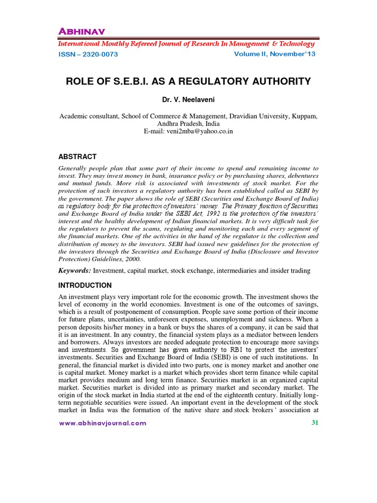Role of S.E.B.I. As A Regulatory Authority: Abhinav | PDF | Securities (Finance) | Stock Market