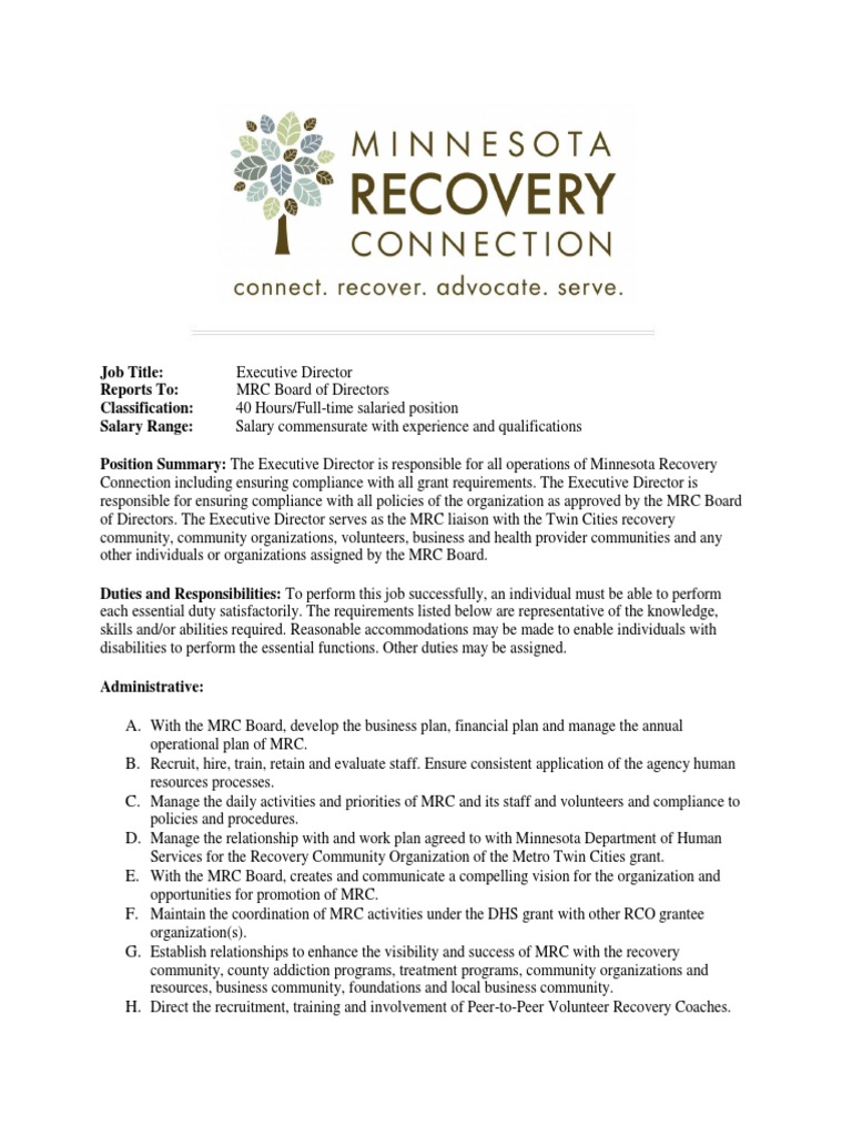 MN Recovery Connection - ED Role | PDF | Board Of Directors | Grant Writing