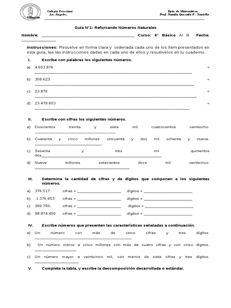 Guía N 1 Numeros Naturales Pdf Enseñanza De Matemática Violencia