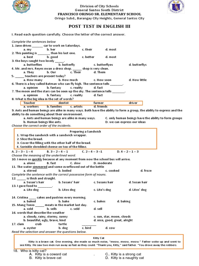 POST Test Filipino Grade III | PDF | Foods