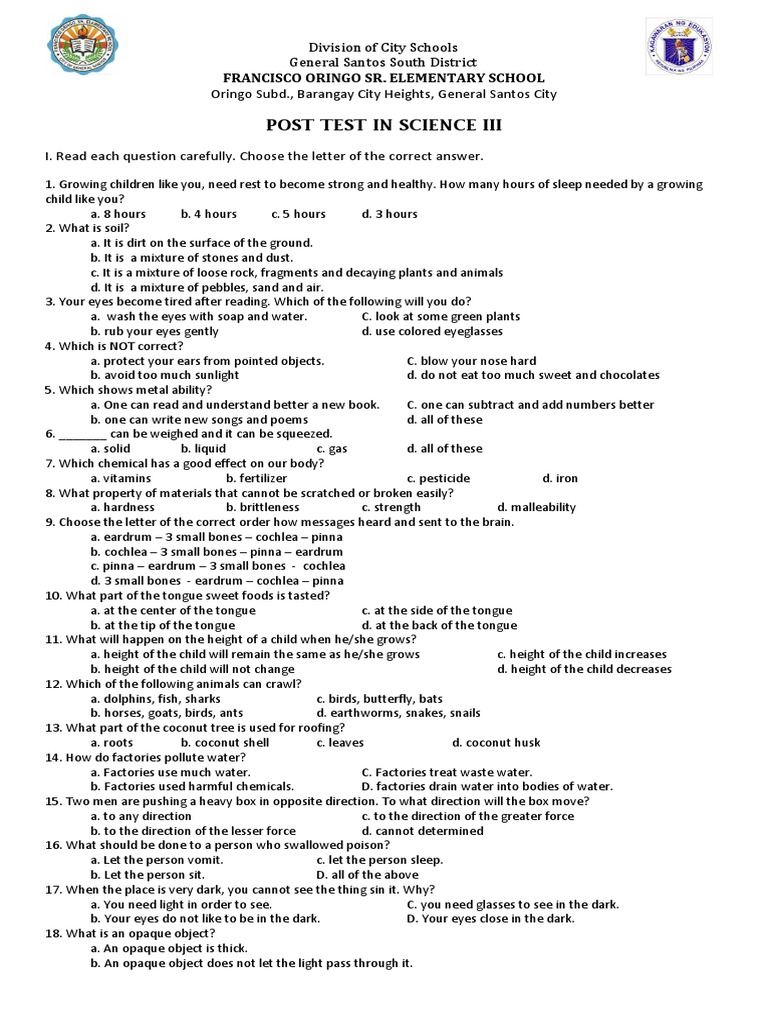 POST Test Science Grade III | PDF | Cloud | Water