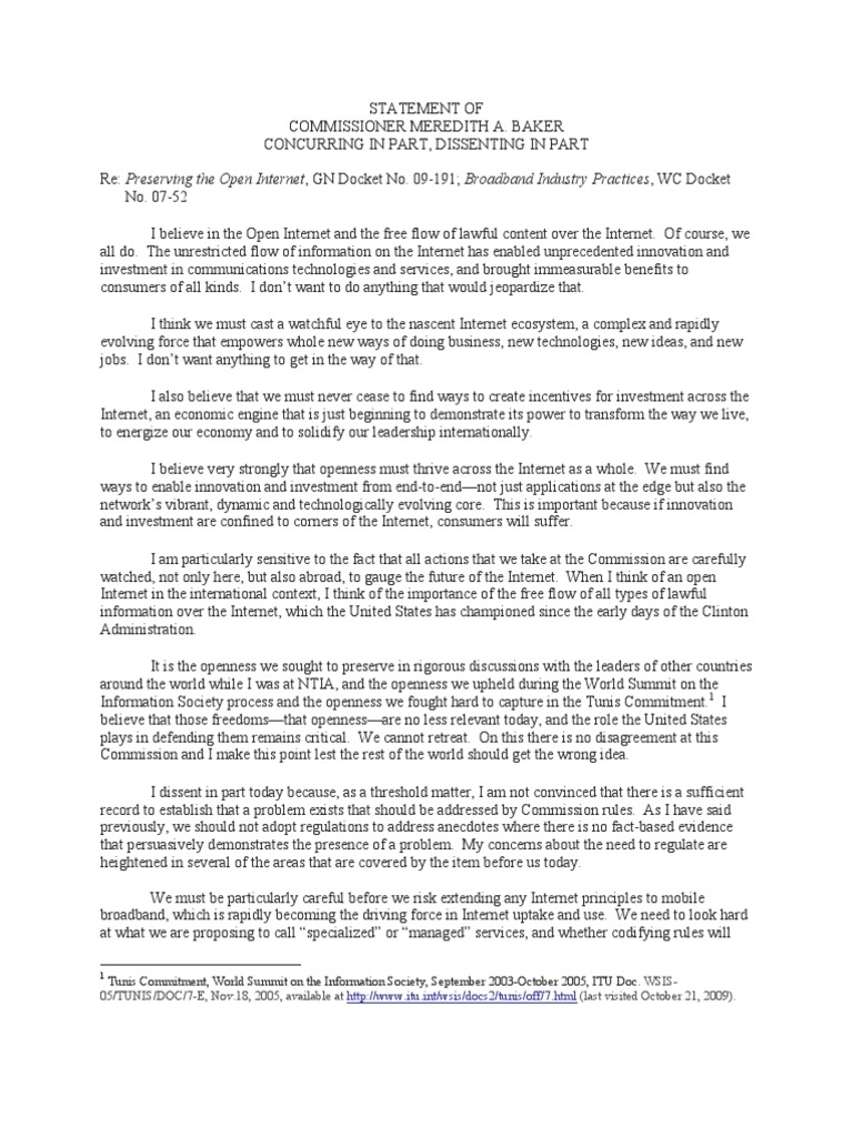 Open Internet - Statement of Commissioner Baker (10-22-09) | PDF | Net ...