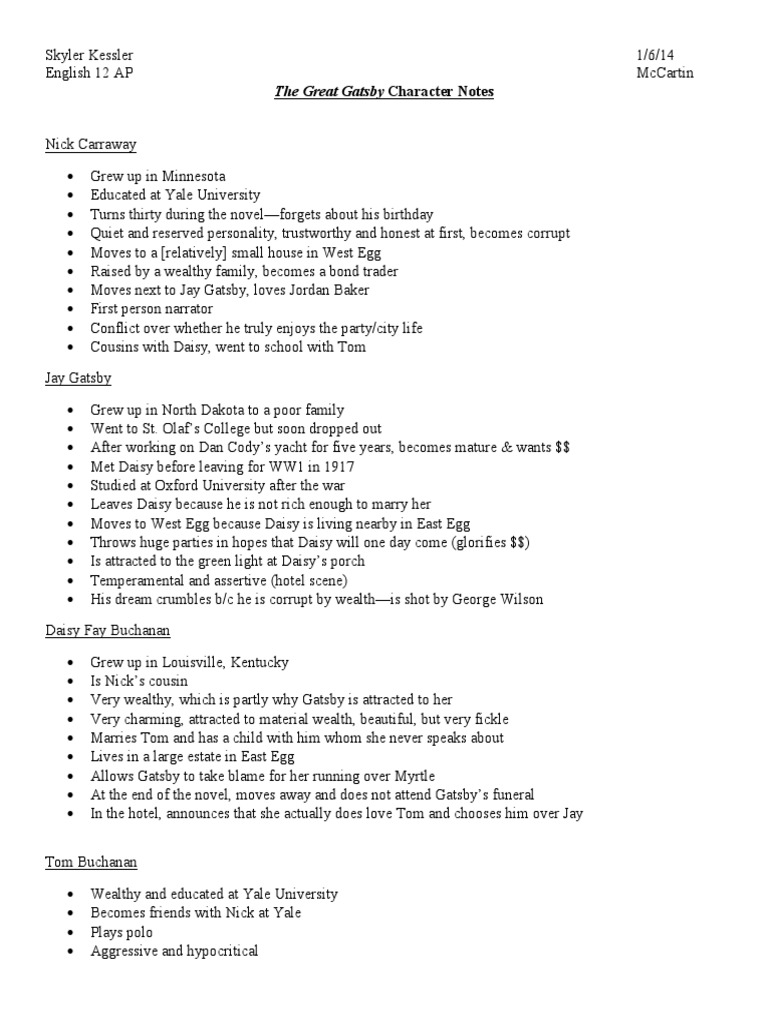 Great Gatsby Character Analysis Notes | PDF | The Great Gatsby | Unrest