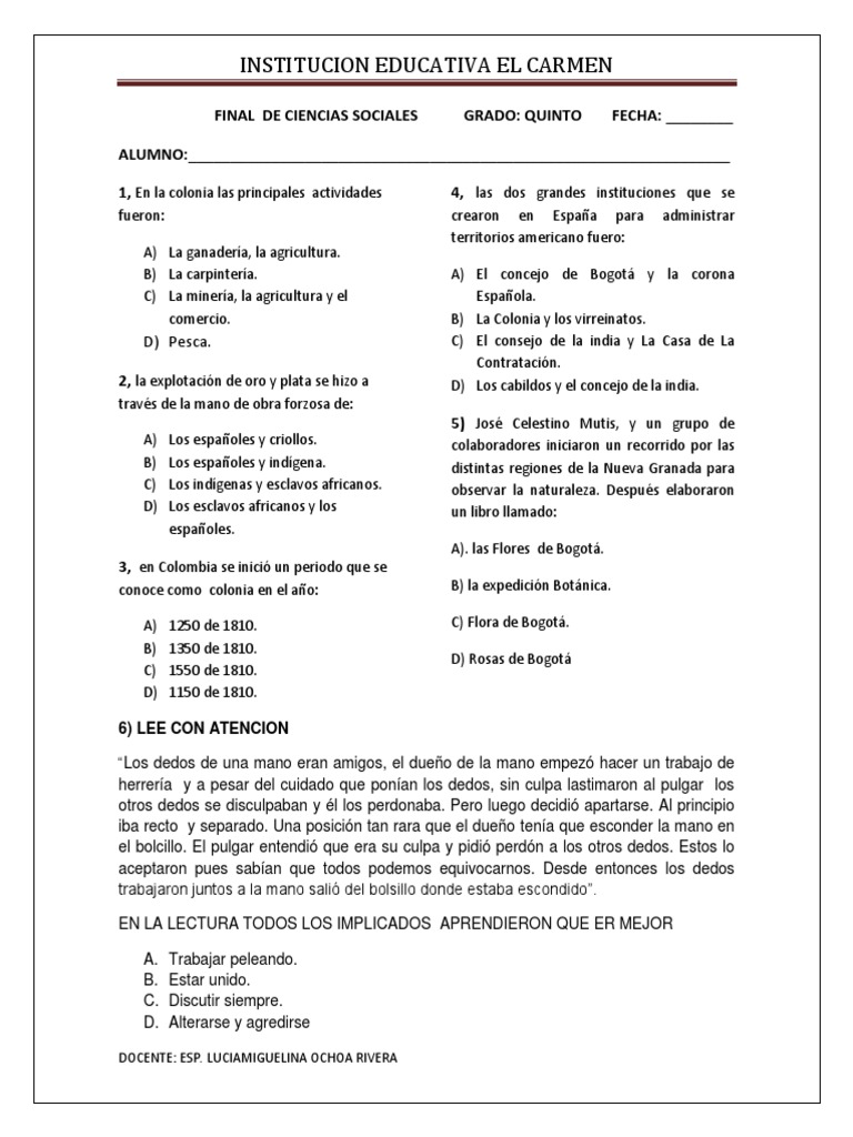 Evaluación de Ciencias Sociales Grado Quinto | PDF | Jonás | Osteoporosis