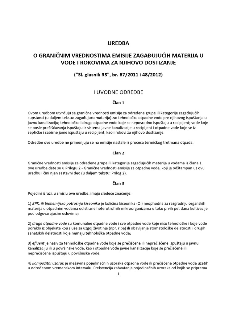 Uredba o Granicnim Vrednostima Emisije Zagadjujucih Materija U Vode-Sl - Glasnik RS, br.67-2011 ...