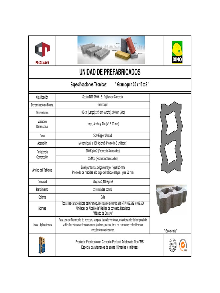 Especificaciones del Gramoquin 30x15x8 | PDF