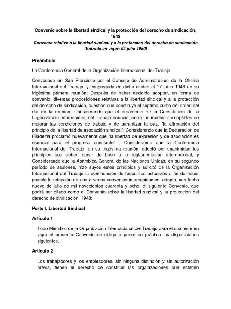 Convenio Sobre La Libertad Sindical y La Protección Del Derecho de Sindicación | PDF ...