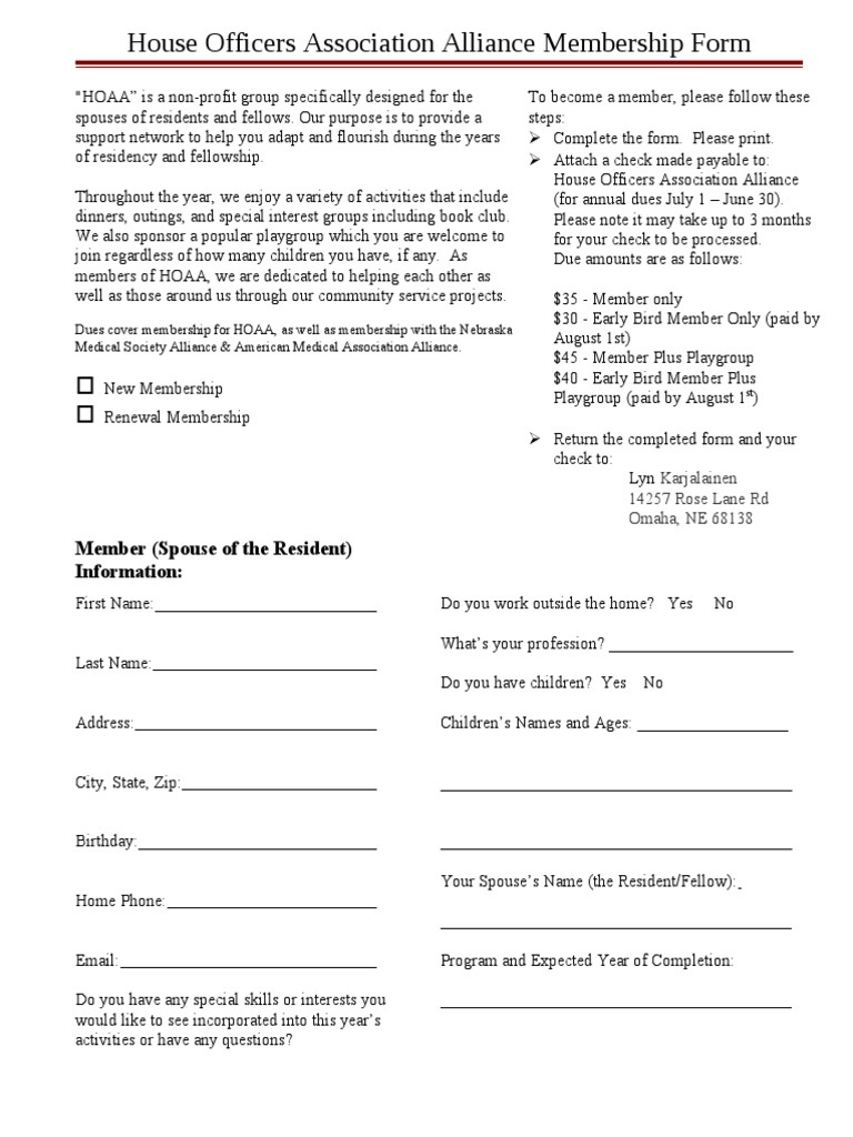 House Officers Association Alliance Membership Form: Member (Spouse of ...