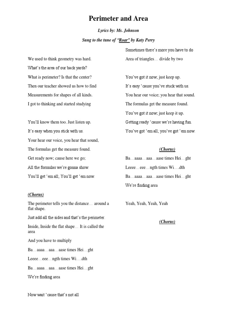 Perimeter and Area Song Lyrics | PDF | Language Arts & Discipline