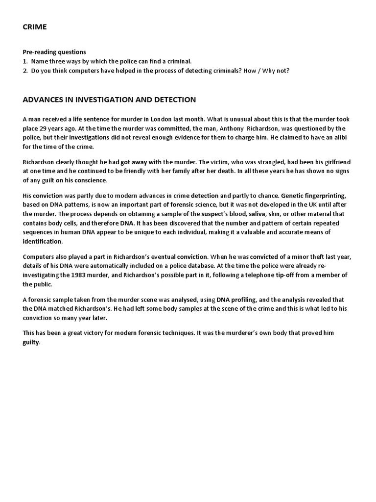 Crime: Pre-Reading Questions | PDF | Dna Profiling | Forensic Science