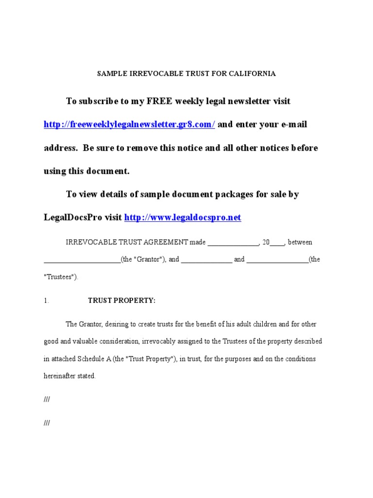 Sample Irrevocable Trust For California With Spendthrift Provision ...