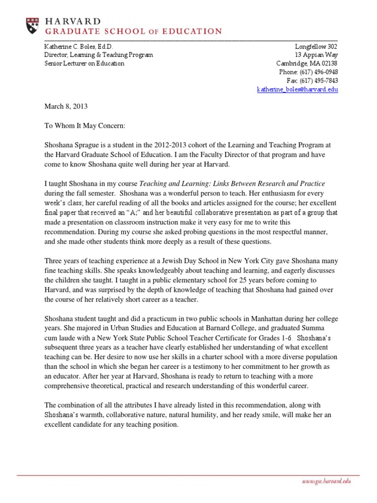 Shoshana Sprague Letter of Recommendation Kitty Boles | PDF | Harvard ...