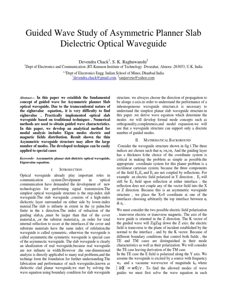 Guided Wave Study of Asymmetric Planner Slab Dielectric Optical Waveguide | PDF | Waveguide ...