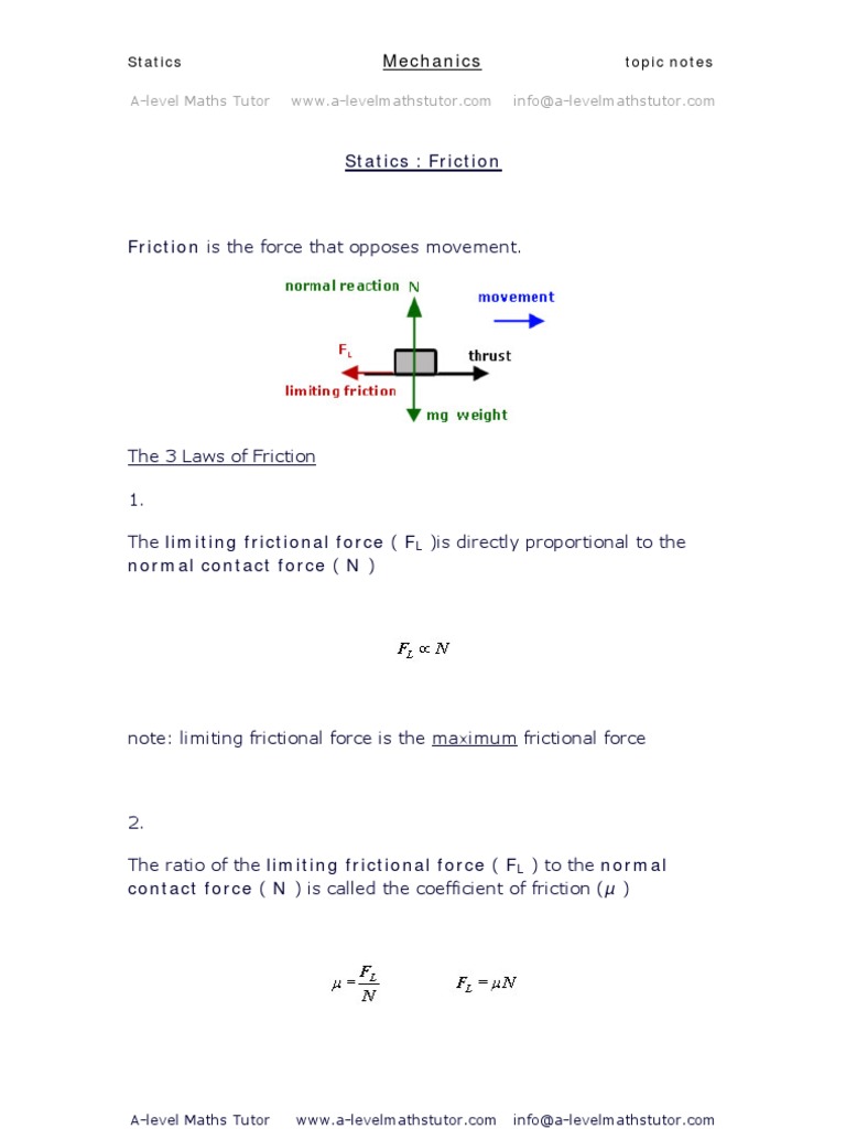 Friction, Statics, Mechanics Revision Notes From A-Level Maths Tutor ...