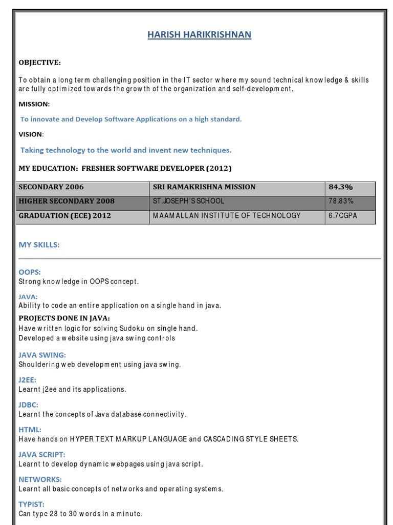 Software Developer Resume of Harish H | PDF | Java (Programming Language) | Web Development