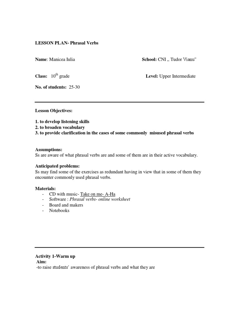 English Lesson Plan Phrasal Verbs | PDF