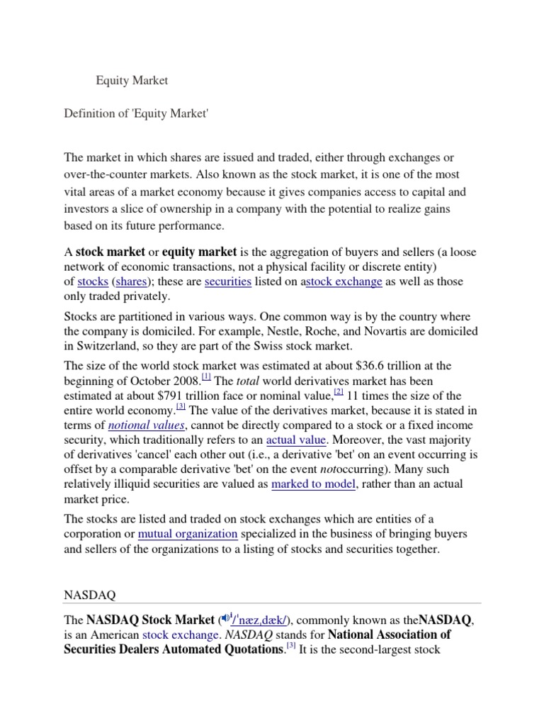 Equity Market Definition of 'Equity Market': Stocks Shares Securities ...
