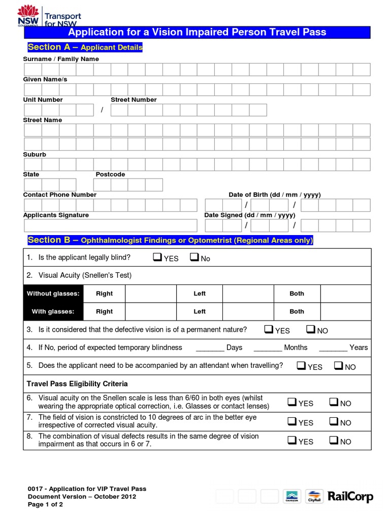 Application For A Vision Impaired Person Travel Pass | PDF | Visual ...