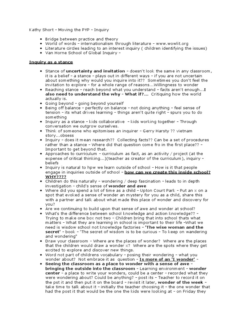 Inquiry Stance in Kathy Short's Cycle | PDF | Inquiry | Classroom