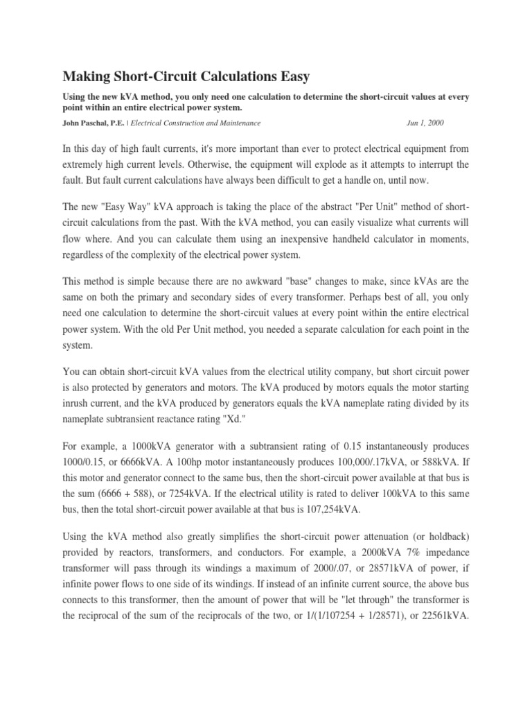 Making Short Circuit Calculations Easy Pdf Transformer Electric