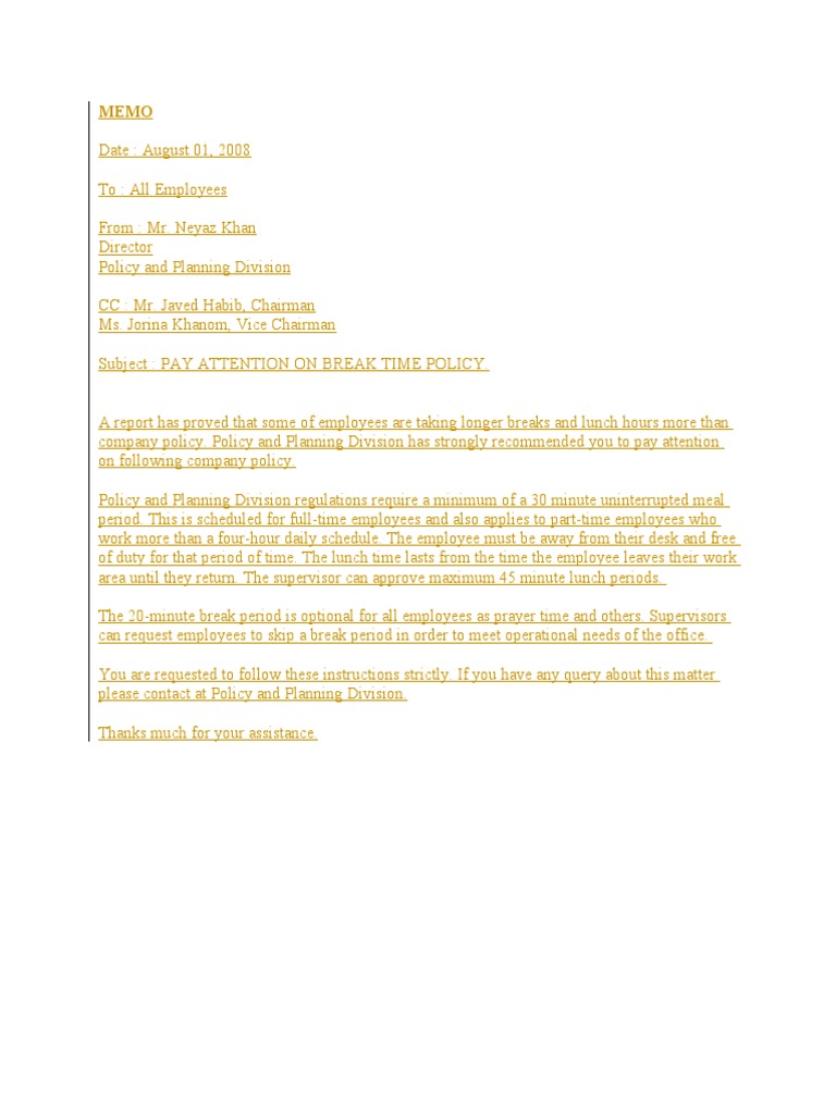 Break Time Policy Reminder Memo | PDF | Technology & Engineering