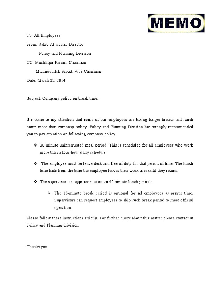 Break Time Policy Reminder for Employees | PDF