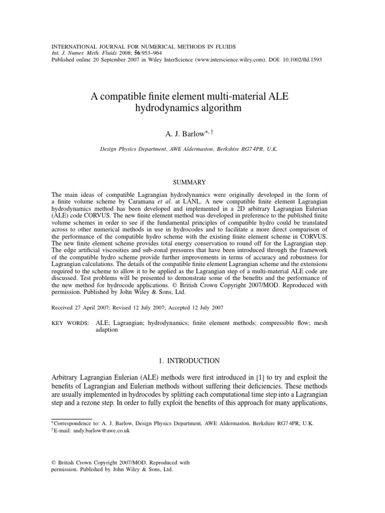 A Compatible Finite Element Multi-Material ALE Hydrodynamics Algorithm | PDF | Lagrangian ...