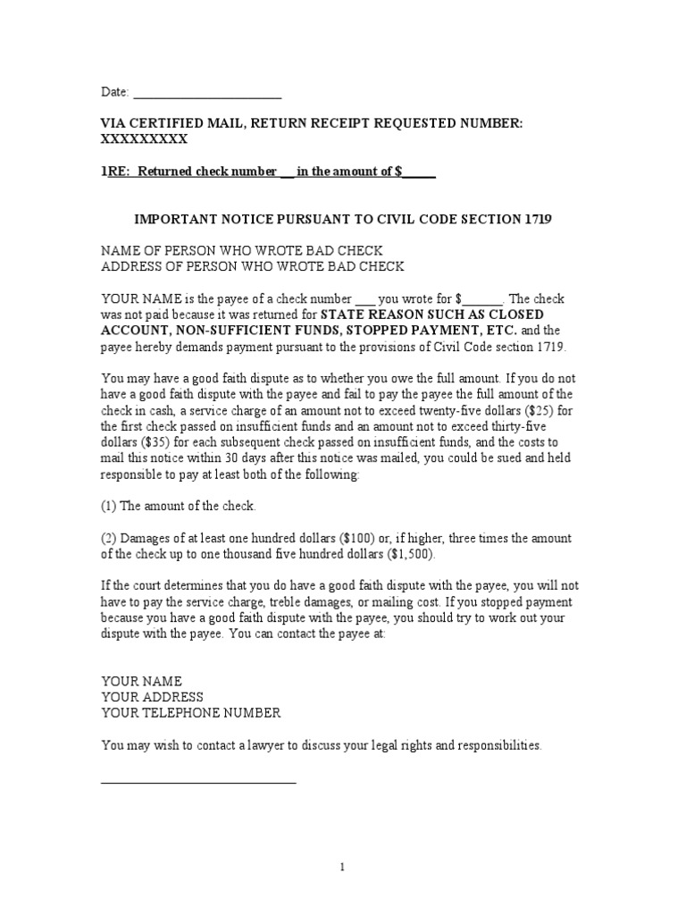 Sample Demand Letter Under Civil Code Section 1719 | Cheque | Payments