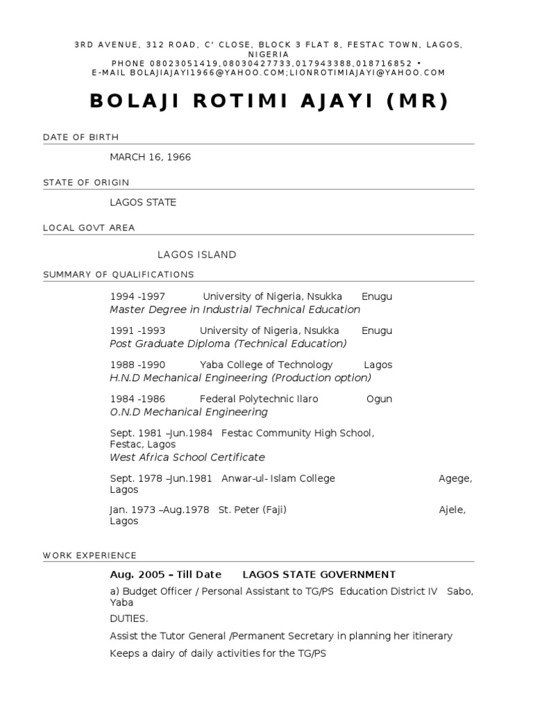 Resume of Ajayi, Bolaji For Lagos State | PDF | Nigeria | Teachers