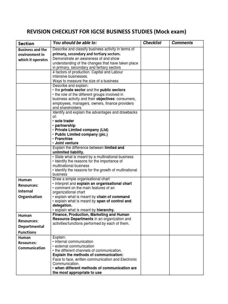 IGCSE Business Studies Revision Checklist | PDF | Promotion (Marketing ...