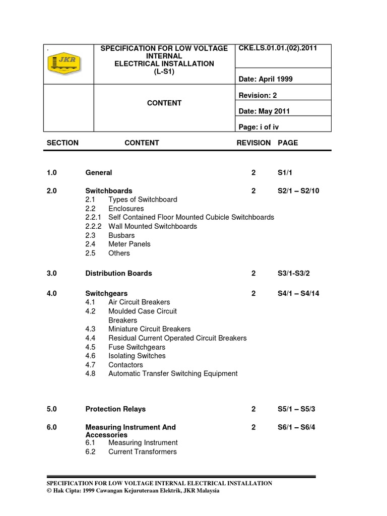 JKR Specs L-S1 Specification For Low Internal Electrical Installation ...