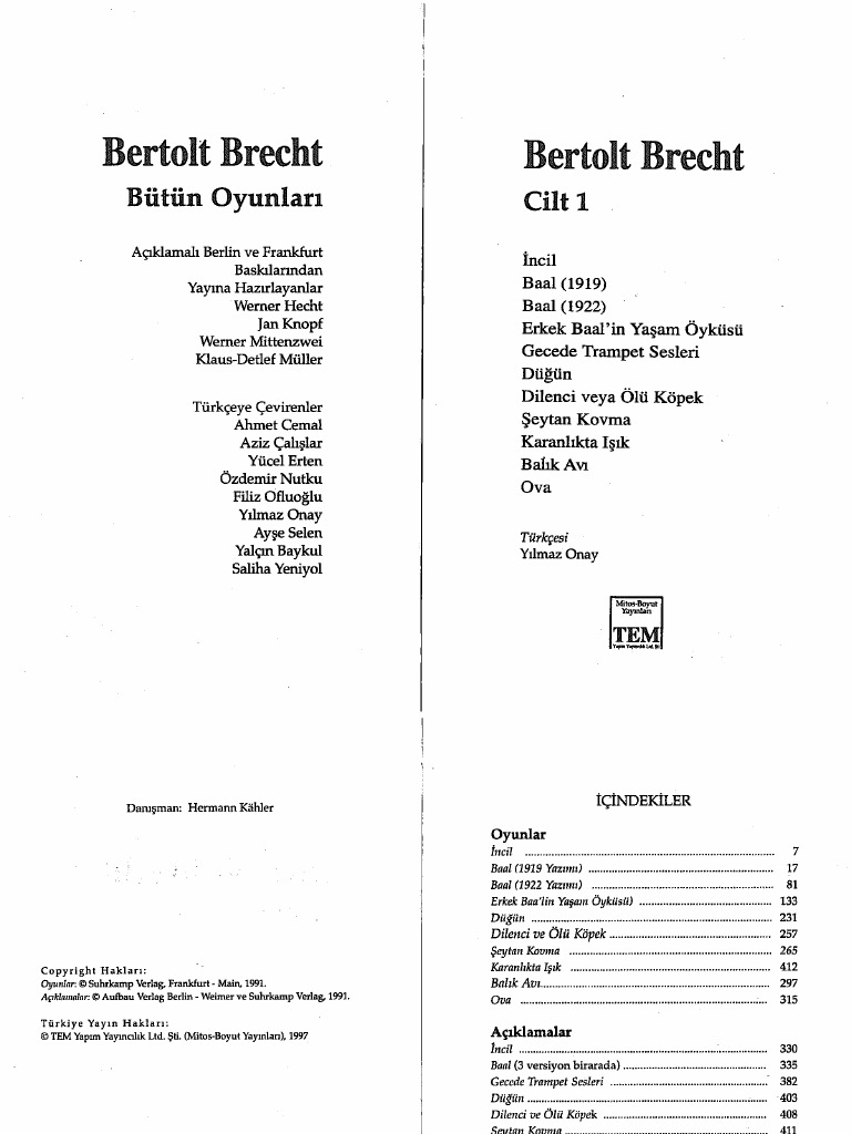 BERTOLT BRECHT Bütün Oyunları 1 | PDF