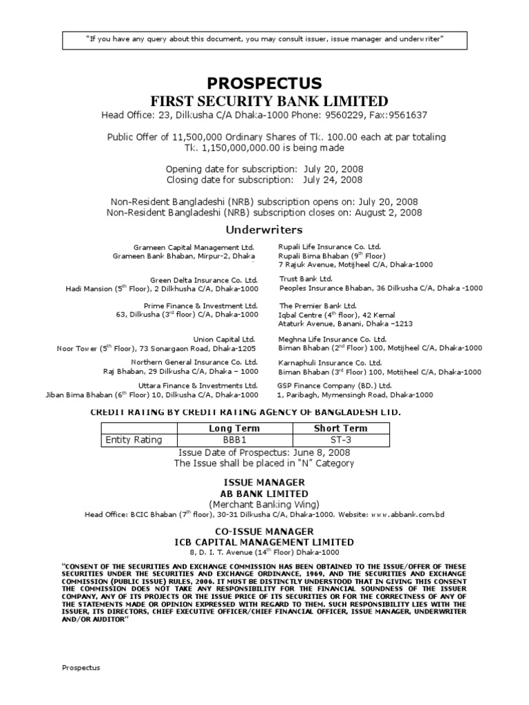 Prospectus of First Security Bank | PDF | Initial Public Offering ...