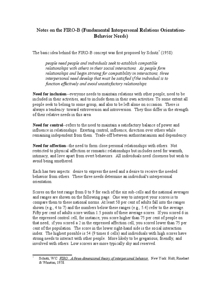 Notes On The FIRO-B (Fundamental Interpersonal Relations Orientation ...