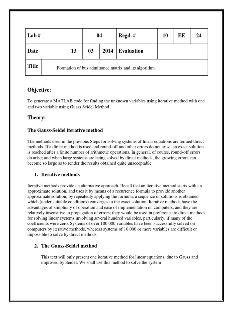 Lab # 04 Regd. # 10 EE 24: The Gauss-Seidel Iterative Method | PDF ... Lab # 04 Regd. # 10 EE 24: The Gauss-Seidel Iterative Method | PDF ...