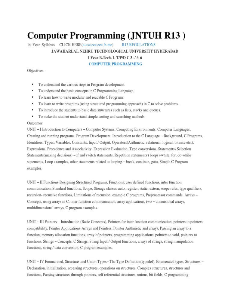 Computer Programming Jntuh R13 Jawaharlal Nehru Technological University Hyderabad I Year B 