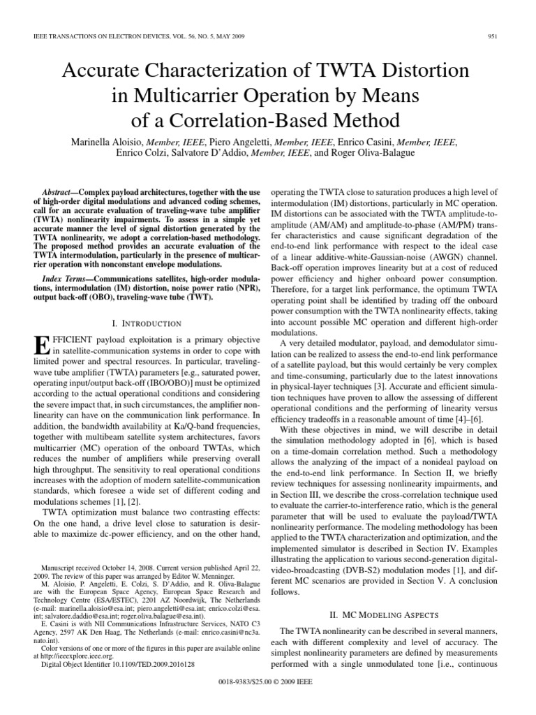 Accurate Characterization Of Twta Distortion In Multicarrier Operation By Means Of A Correlation