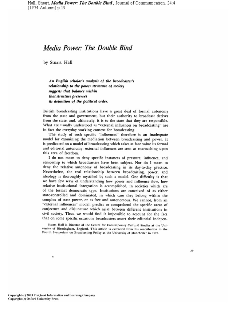 Stuart Hall - Media Power - The Double Bind | PDF | Politics | Social ...