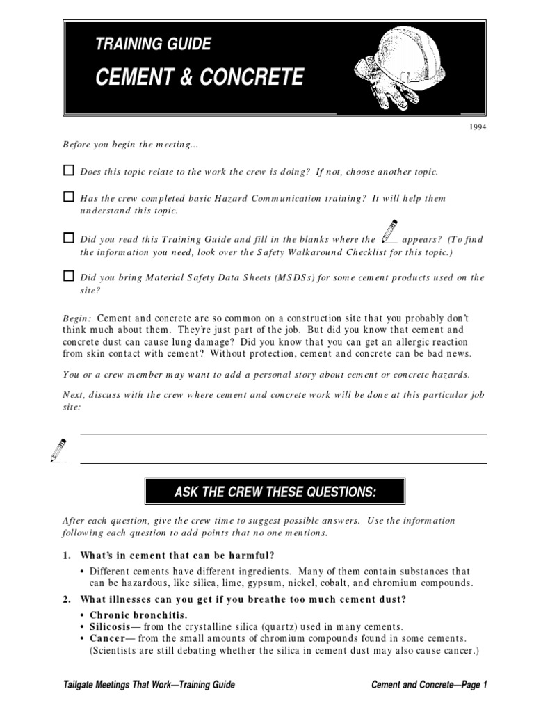 Cement & Concrete Safety Training Guide | PDF | Personal Protective ...