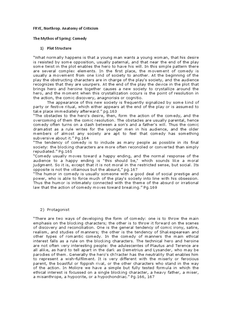 FRYE, Northrop. Anatomy of Criticism The Mythos of Spring: Comedy 1 ...
