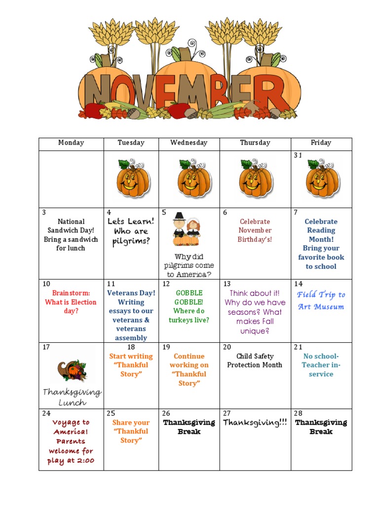November Activities Calendar | PDF | Cooking, Food & Wine