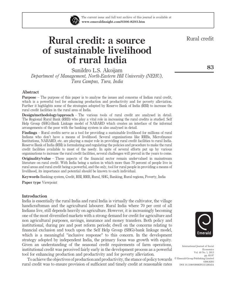 Rural Credit: A Source of Sustainable Livelihood of Rural India | PDF ...