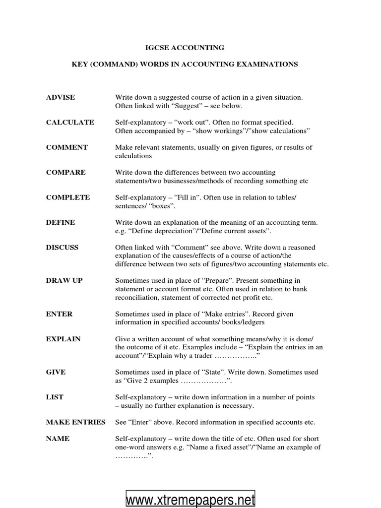 Igcse Accounting Key (Command) Words in Accounting Examinations ...
