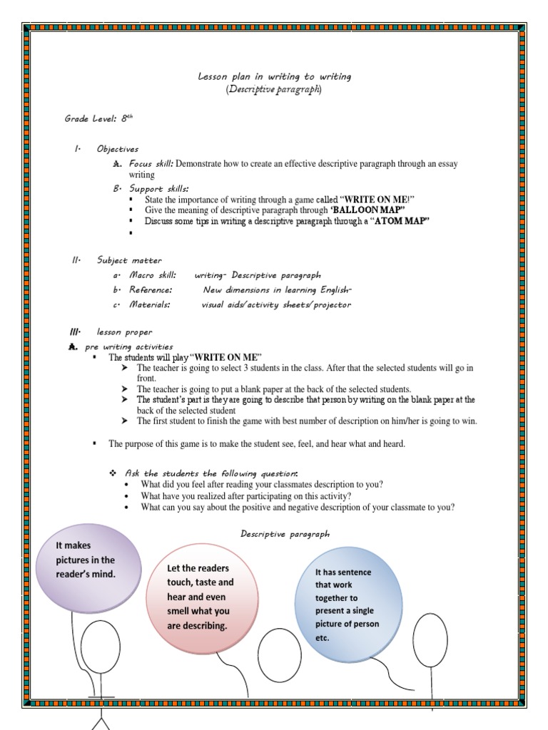 Descriptive Paragraph Writing Plan | PDF | Lesson Plan | Adverb