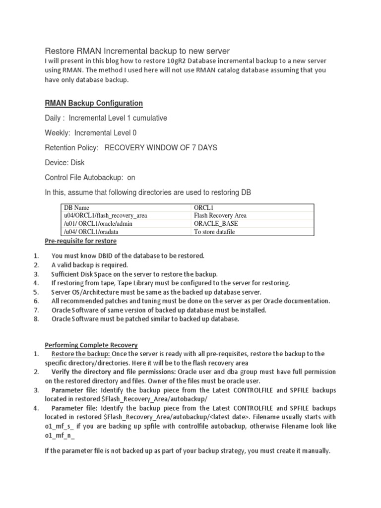 Restore RMAN Incremental Backup To New DR Server | PDF | Backup ...